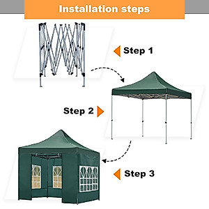 TUKAILAI 10x10ft Pop Up Gazebo, Water-Resistant UV Block Sun Shade Shelter with 4 Sidewalls 1 Door & 9 Windows, Outdoor Instant Canopy Tent for Garden Patio Camping Party Event (Dark Green)