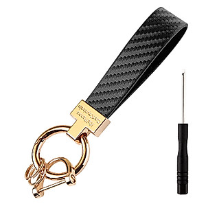 Turcee Carbon Fiber Car Keychain,Automotive Interior Accessories Keychains Leather Car Key Fob &Anti-Lost D-Ring (Black)