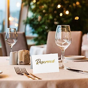 25 Pack Gold Reserved Table Cards for Wedding with Gold Foiled Letters- Seating Signs for Chairs Church Pews Double Sided Signs Tent Reservation Cards Celebration Accessories (Set of 25, White)