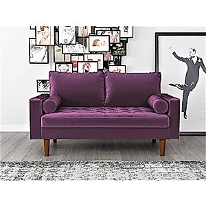 Container Furniture Direct Womble 58 Inch Velvet Loveseat Sofa with Elegant Button Tufted Upholstery, Square Arms, Splayed Wood Legs, Includes Matching Bolster Pillows, Ruby