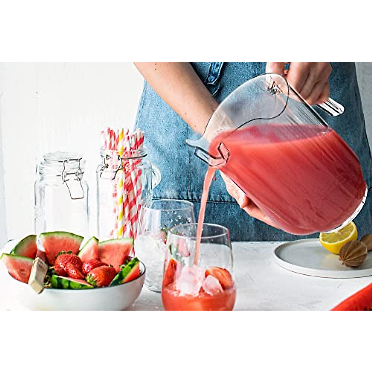 DecorRack 2 Crystal Clear Plastic Pitcher Beverage Dispenser with Pour Spout Shatterproof Catering and Restaurant Serveware for Cold Drinks, Water, Lemonade, Beer, and Sangria, 56 Ounce (2 Pack)