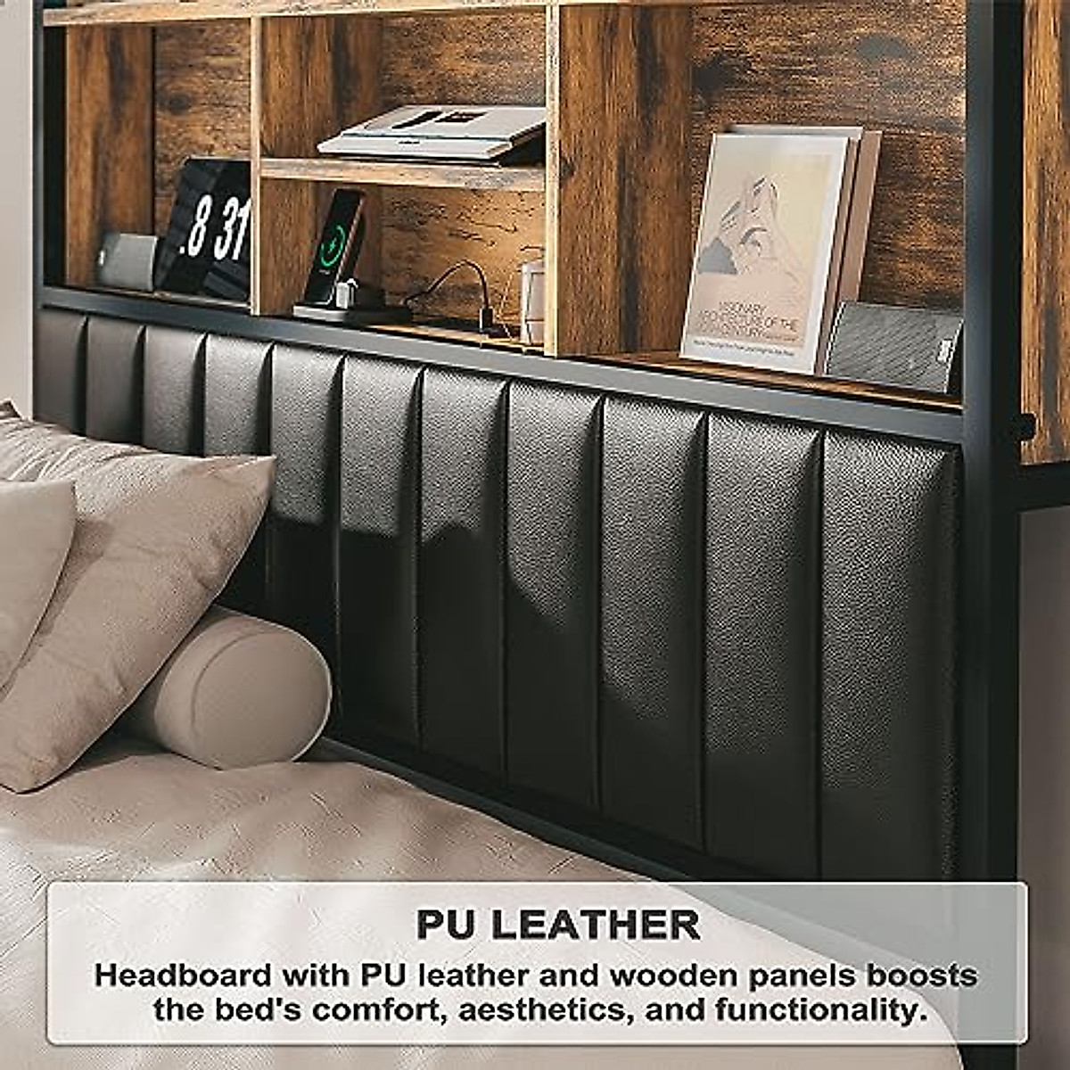 ANCTOR Queen Bed Frame with Upholstered Headboard and LED Light, Strong Platform Bed with Charging Station, Solid and Stable, No Box Spring Needed