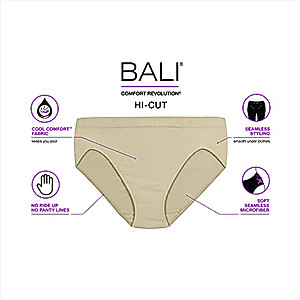 Bali Women's Comfort Revolution Microfiber Hi-Cut Panty, 3-Pack, White/Sandshell/Evening Blush Stripe, 7