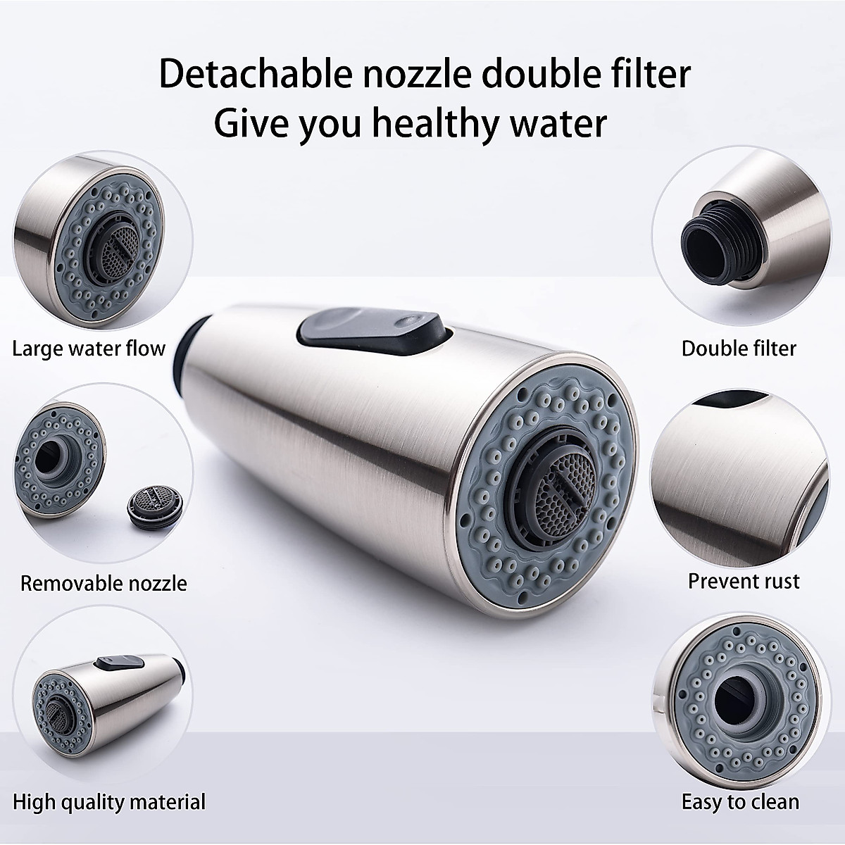 Kitchen Faucet Sprayer Head 3-Function Nozzle Spout G1/2 Connector Pull Down Pull Out Kitchen Tap Hose Sprayer Filter Sink Spray Head Replacement Part Brushed Nickel Black