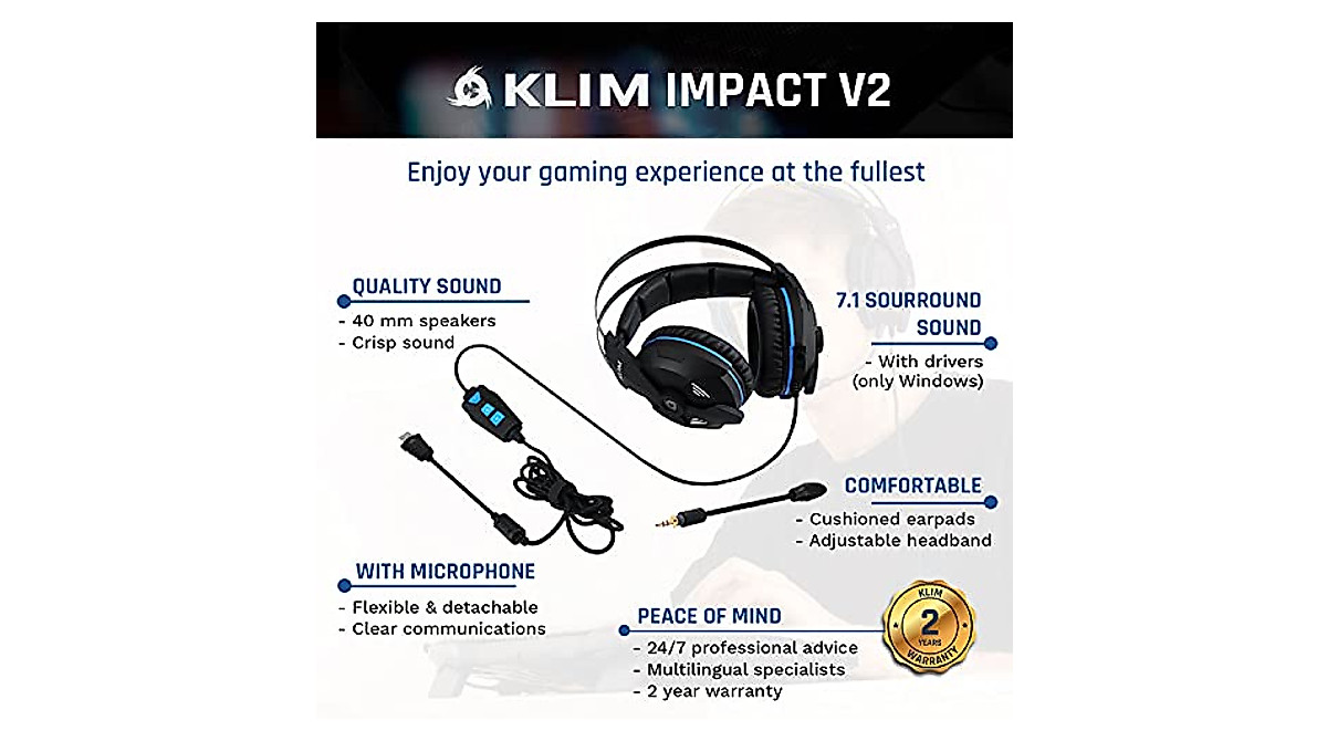 KLIM Impact Gaming Headset - 7.1 Surround Sound & Noise Cancelling