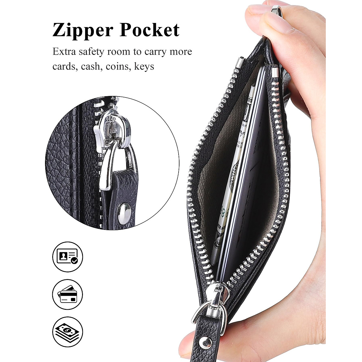 Teskyer Slim Minimalist Wallet, RFID Blocking Credit Card Holder Leather Wallet with Zipper Pocket for Men Women - Lichee Black