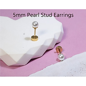 14K Gold Screw Back Pearl Stud Earrings for Women,Flat Back Pearl Cartilage Earrings Pearl Helix Earrings Hypoallergenic 316L Surgical Steel Piercing Jewelry Gift for Toddlers (5mm Pearl, Gold)