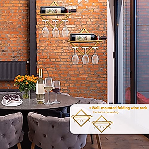 2Pcs Metal Wall Mounted Wine Holder Stemware Glass Rack, Upgrade Collapsible Hanging Red Wine Racks Organizer with 3 Stem Glass Holders, Wine Bottle Display Hanger for Home Kitchen Bar Decor…