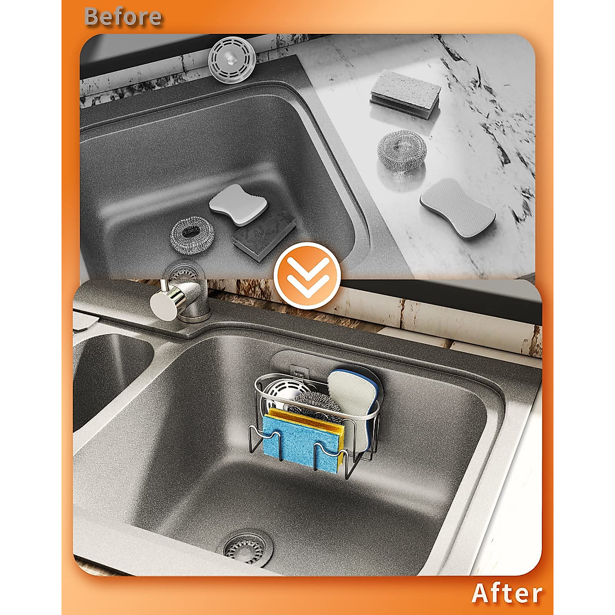 SWTYMIKI Sink Sponge Holder With Double Hook, Stainless Steel Sink Caddy Kitchen Sink Organizer Multifunctional Rustproof Kitchen Sponge Holder for Kitchen Sink Accessories, Silver