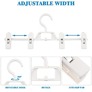 DOITOOL Skirt Hangers with Clips and Strap Hooks, 10Pc Adjustable Space Saving Pants Hanger, Plastic Kids Coat Clothes Garment Top Clip Hangers for Closet Organizer, 360-Rotating Swivel Hook (White)