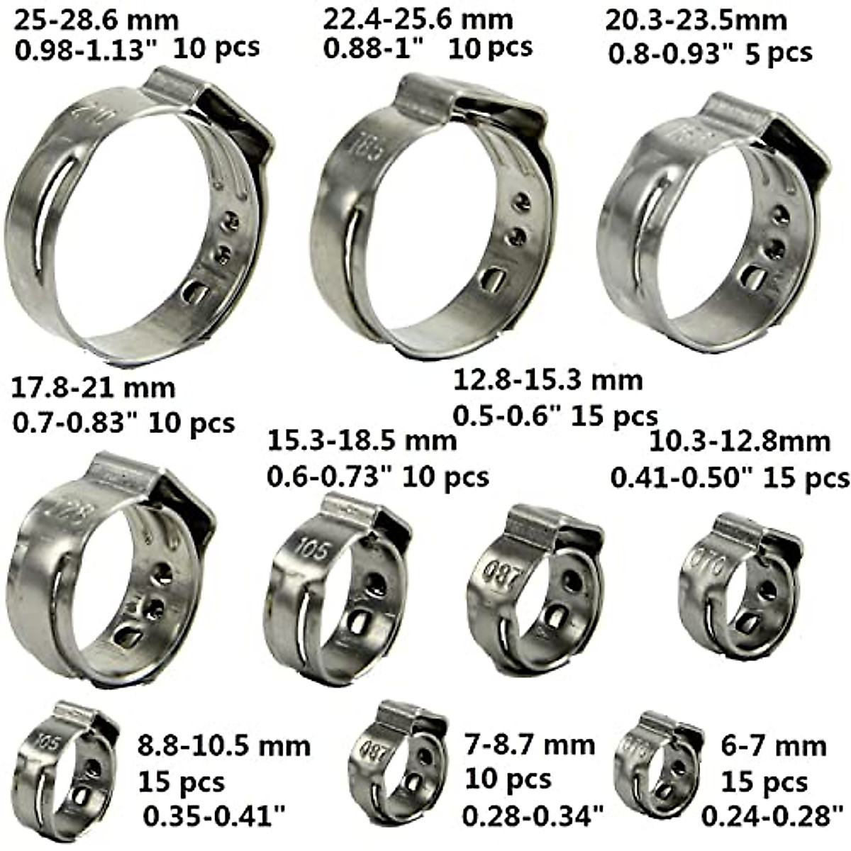 Leberna 115 Pcs 304 Stainless Steel Stepless Single Ear 7-29mm Hose Clamps with Pincers Crimper Tool Kit | Securing Pipe Hoses Automotive | Cinch Rings Pinch Clamp, Crimp Clamp Assortment PEX Crimping