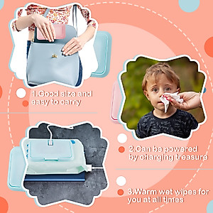 2 Pcs USB Mini Portable Baby Wipe Warmer and Baby Wet Wipes Dispenser Reusable Baby Wipes Heater for Newborn Travel, Pink and Light Blue, Compatible Portable Charger