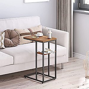 CubiCubi C Shaped End Table, Side Table for Couch and Bed, Rustic Table Living Room Bedroom, Small Table with Metal Frames, Modern Design, Fir Brown