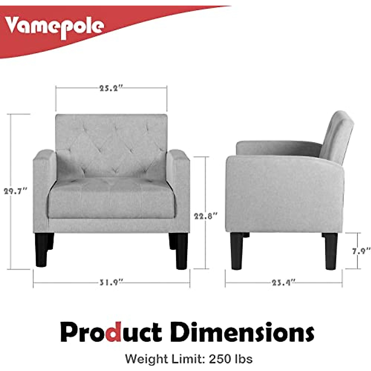 VAMEPOLE Modern Accent Chairs Set of 2, Comfy Living Room Chair, Cozy Tufted Mid Century Modern Accent Chair, Upholstered Reading Arm Chair for Living Room, Bedroom Sofa Chair(Light Grey, Set of 2)