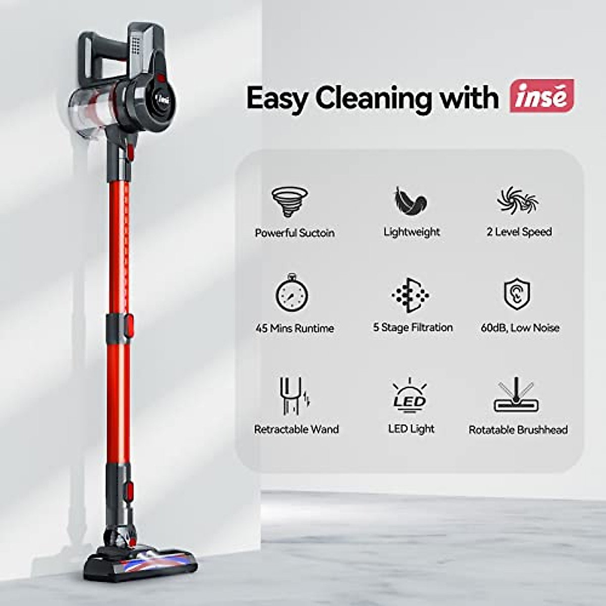 INSE Cordless Vacuum Cleaner, 6 in1 Battery Vacuum Cleaner Rechargeable, Powerful Stick Vacuum 2200m-Ah Up to 45 Mins Runtime, Lightweight Handheld Vacuum Cleaner for Hard Floor Carpet Pet Hair