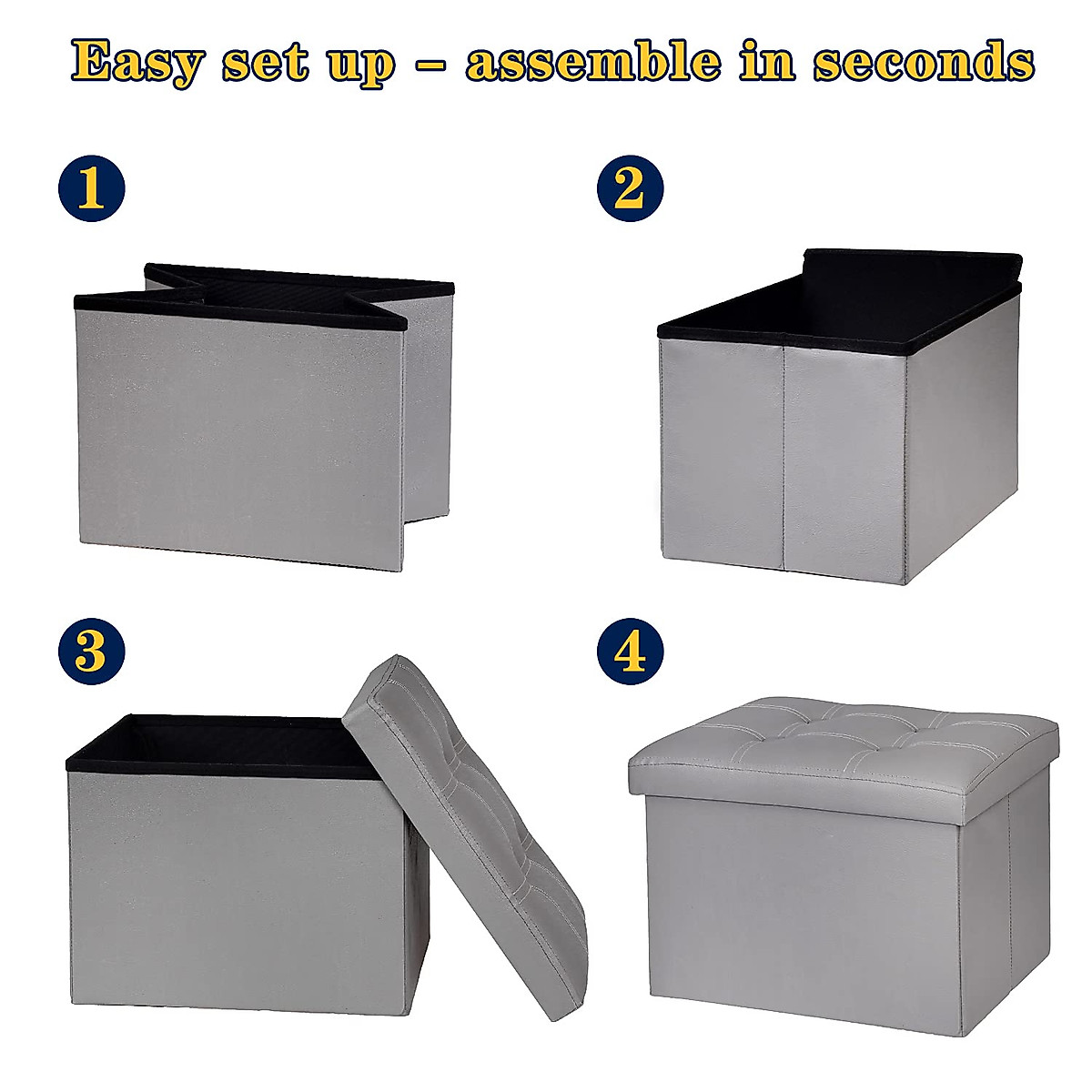 Folding Cube Storage Ottoman with Padded Seat , Foot Rest & Stepping Stool - PU Leather Grey Ottoman with Storage for Living Room & Bedroom