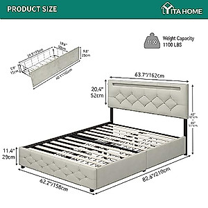 YITAHOME Bed Frame Queen Size, Led Bed Frame with 4 Storage Drawers, Adjustable Upholstered Headboard Platform Bed with Wooden Slats Support, No Box Spring Needed, Grey