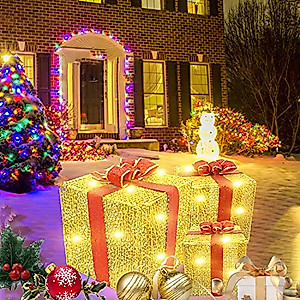 BUDO Set of 3 Christmas Lighted Gift Boxes, 100 LED Light Up Warm White Gold Tinsel Box Decorations with Red Bow for Outdoor Indoor Christmas Tree Yard Home Decor, 6/8/10 Inch