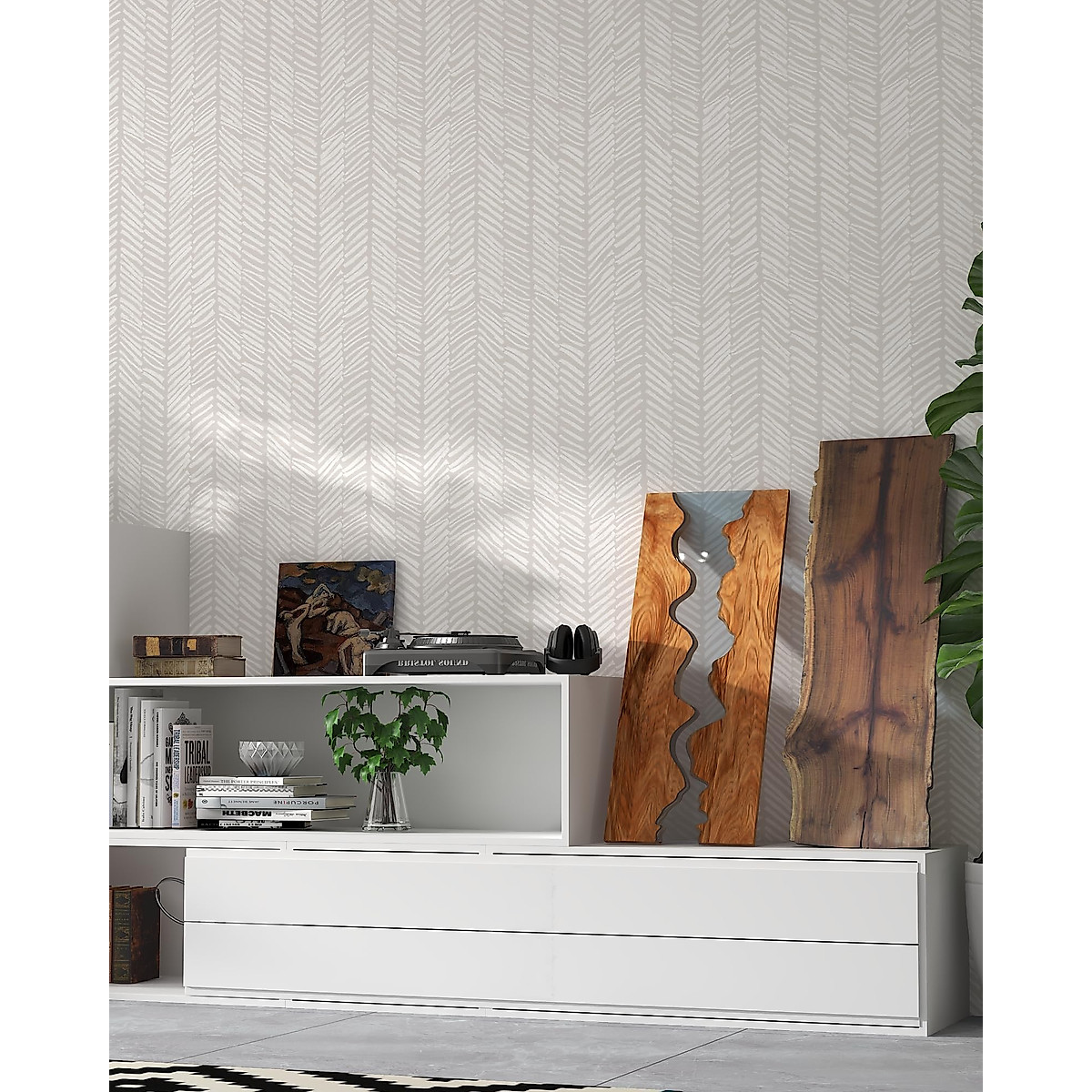 Striped Wallpaper Peel and Stick Wallpaper for Bedroom 17.3"x78.8" White/Beige Wallpaper Herringbone Wallpaper Self Adhesive Removable Wallpaper Modern Line Contact Paper for Cabinets Bathroom Decor