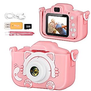 Vasttron Camera Toys for Kids 3 4 5 6 7 8 9 10 11 12 Years - Girls Boys Gift Digital Selfie Cameras Toddler Pink/Blue Cute Cat Camcorder Video Game Tools Children Electronics Toy with 32GB SD Card