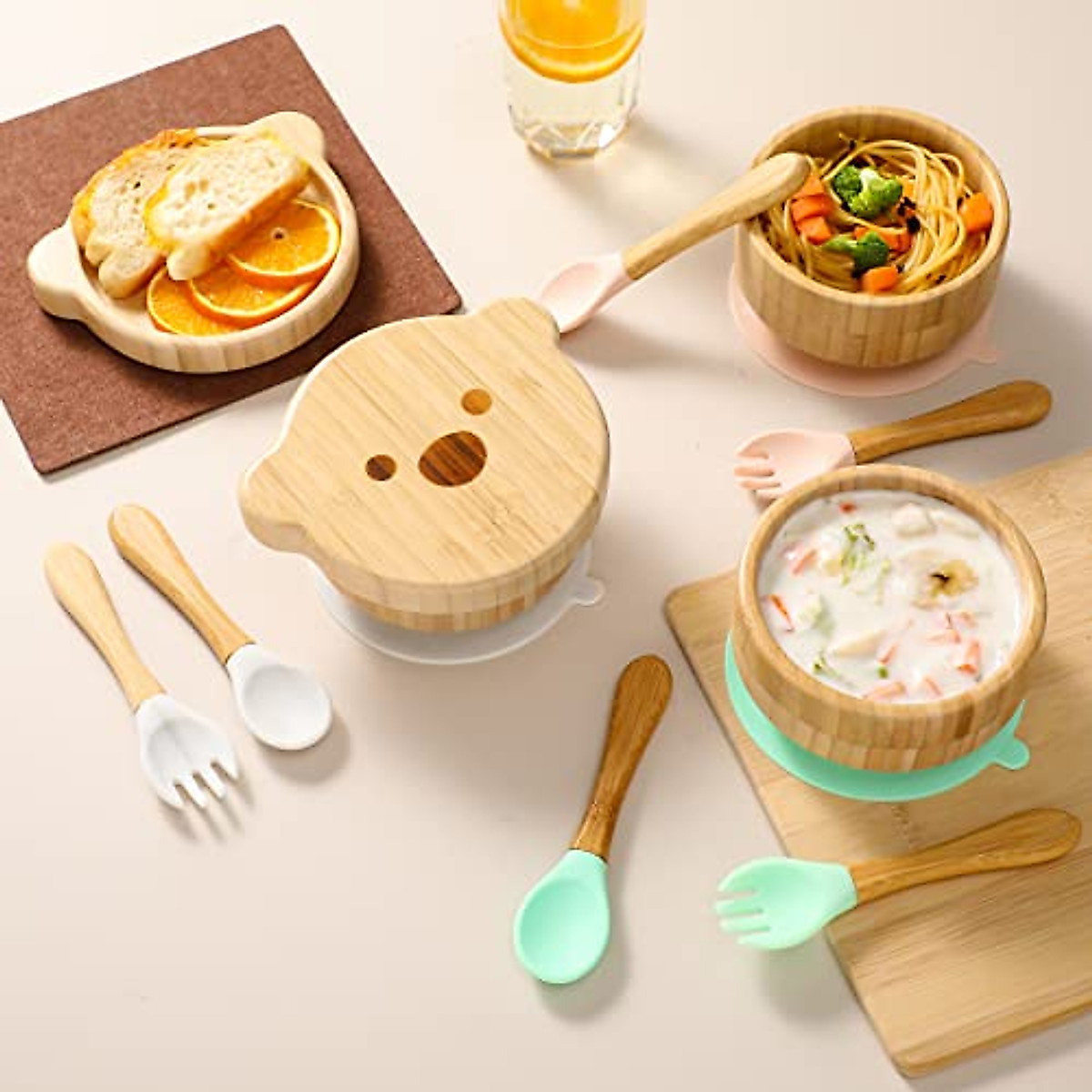 Baby Bowls with Lid - HBM Bamboo Suction Bowls for Baby and Spoon Set - 3PC Feeding Supplies Set for Infant, Toddlers - Detachable Silicone Suction Stay Put Base for Wooden Bowl - BPA Free （Marble）