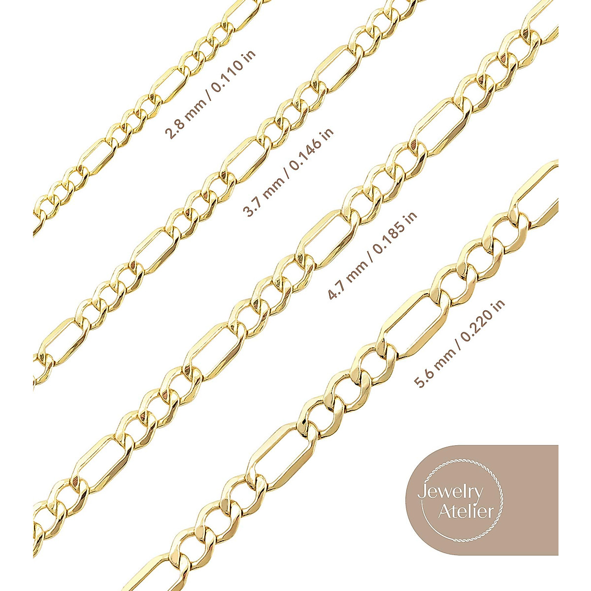 Jewelry Atelier Gold Chain Necklace Collection - 14K Solid Yellow Gold Filled Figaro Chain Necklaces for Women and Men with Different Sizes (2.8mm, 3.7mm, 4.7mm, 5.6mm)