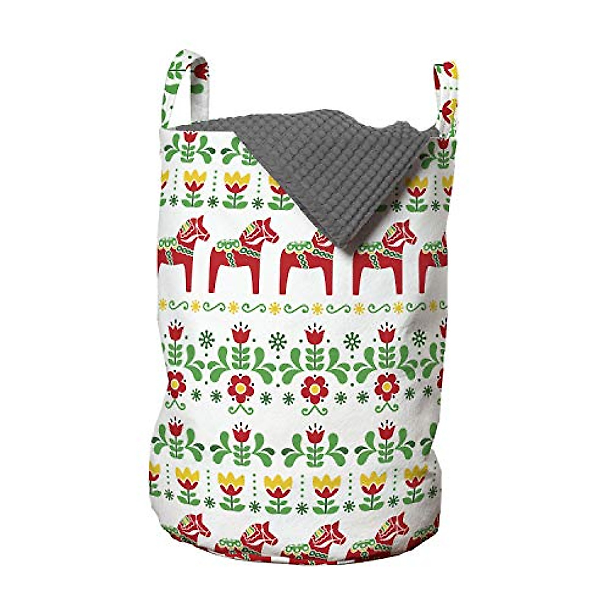 Ambesonne Folk Art Laundry Bag, Scandinavian Themed Pattern of Swedish Dala Horse and Flowers, Hamper Basket with Handles Drawstring Closure for Laundromats, 13" x 19", Green Vermilion