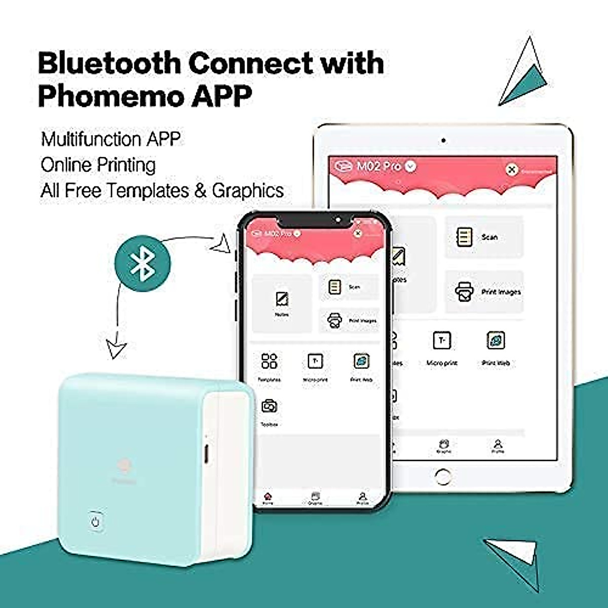 Phomemo M02 Pro Pocket Printer- Mini Bluetooth Thermal Printer with 3 Rolls White Sticker Paper, Compatible with iOS + Android for Learning Assistance, Study Notes, Journal, Fun, Work, Cyan