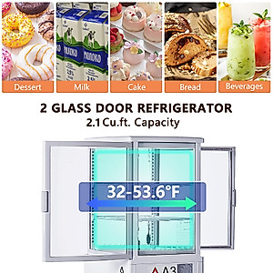 GarveeTech Commercial Refrigerator Display Case 2.1 Cu.FT, Countertop Display Refrigerator, Two Glass Door Display Fridge with LED Lighting, Adjustable Shelves, Double-Layered Glass
