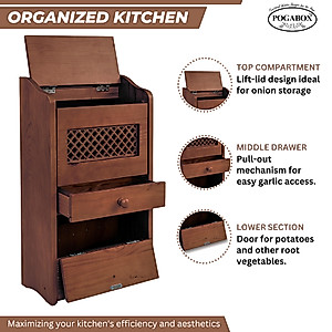 POGABOX Potato Onion & Garlic Storage Box - Vegetable Wooden Bin for Home and Kitchen, Classic Vegetables Organizer Garlic Keeper with Flip Top