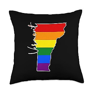Vermont Map USA State Rainbow Pride Flag Map USA State Vermont Rainbow Flag Pride Month Throw Pillow, 18x18, Multicolor