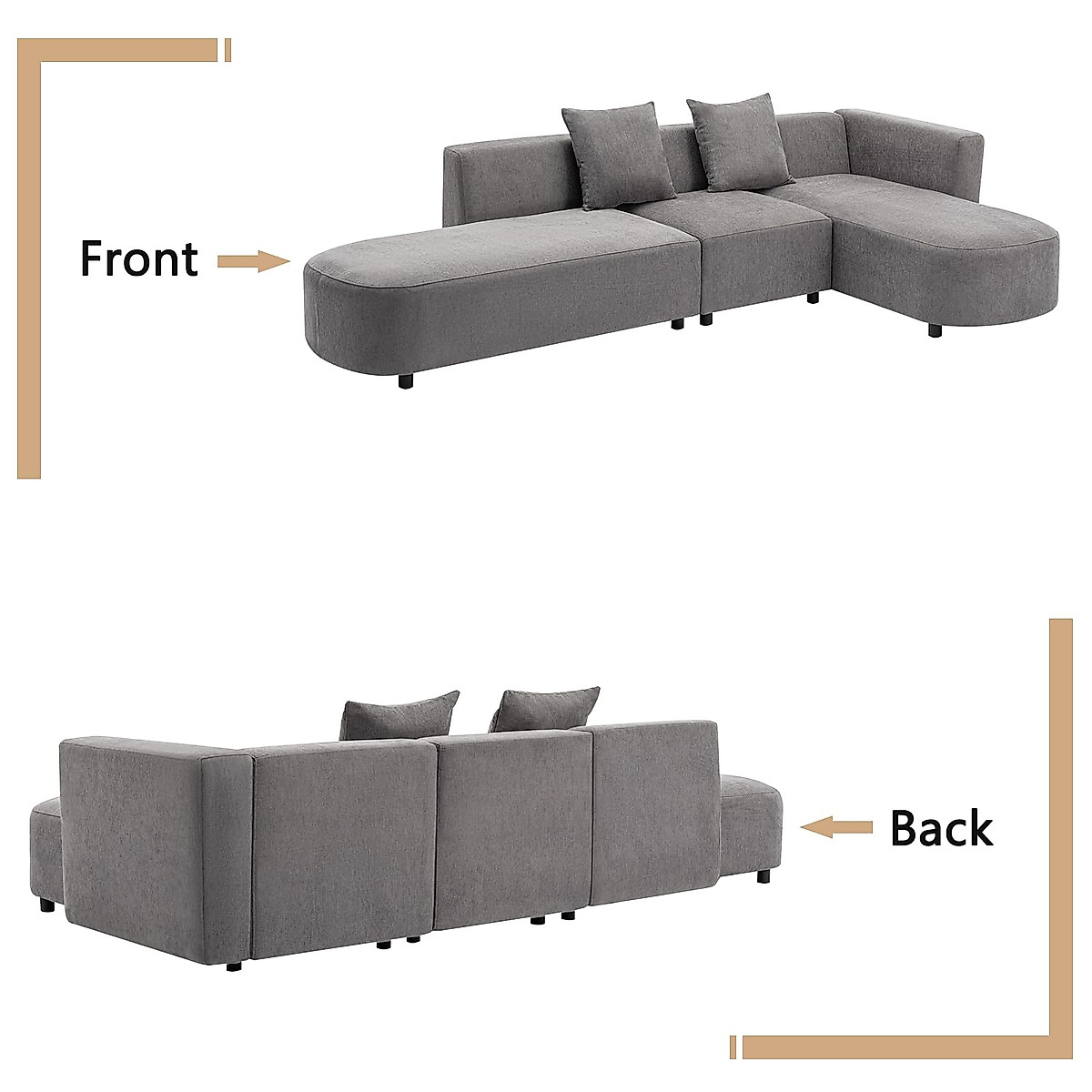 CALABASH Modern L Shaped U Style Seat Couch, Left Facing Sectional Modular Sofa, Convertible Upholstered 3-5 Seater Couches with 2 Pillows for Living Room, Bedroom, Office(Grey, 3 Seater Sofa)