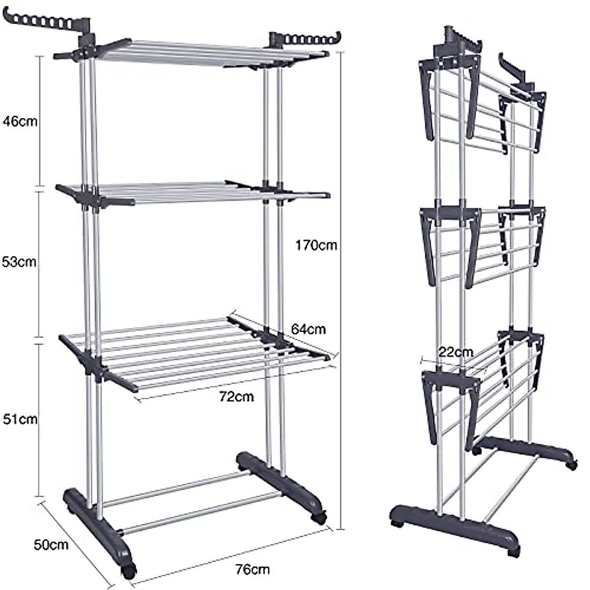 Clothes Drying Rack, Innotic Folding 4-Tier Laundry Stainless Steel Drying Rack with 2 Adjustable Side Wings, Space Saving Free-Standing Laundry Stand for Towels, Clothes, Shoes, Quilts(Gray)