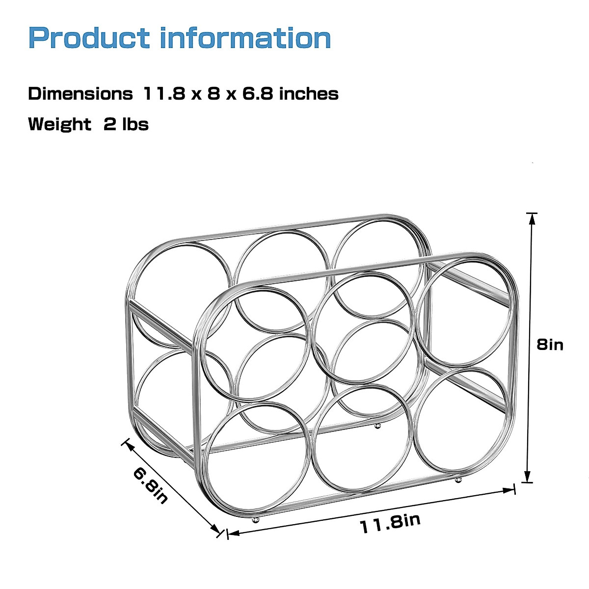 Buruis 6 Bottle Countertop Wine Rack - Freestanding Modern Metal Small Wine Rack - Tabletop Wine Holder Stand for Cabinet, Pantry, and Kitchen Decor - No Assembly Required - Silver