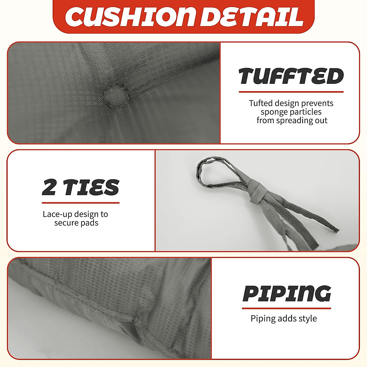 Outdoor Wicker Patio Furniture Cushions 3 Piece Set Tufted Waterproof Settee Cushion All-Weather Durable Fluffy Wicker Chair Pads Single Piping with Ties Garden Loveseat Chair Pillow (44x19x5, Gray)