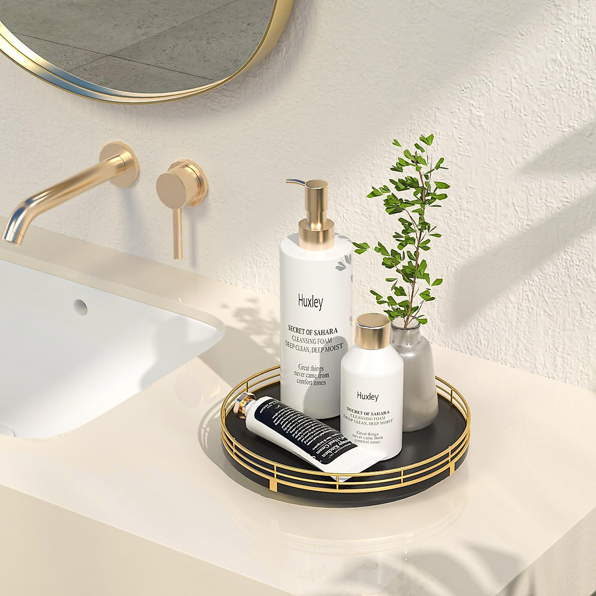 9" Oak Wood Bathroom Tray for Counter, Vanity Tray for Perfume Lotion Candle Makeup Jewelry Sink Soap Holder Turntable Dresser Organizer Countertop Coffee Table Decor Organization and Storage Gold