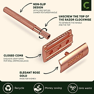 Safety Razor for Women, Men's Single Blade Razor with a Razor Stand with 10 Blades, Double Edge Razor with a Texture Handle, Metal Razor Women, Fits All Double Edge Razor Blades (Rose Gold)