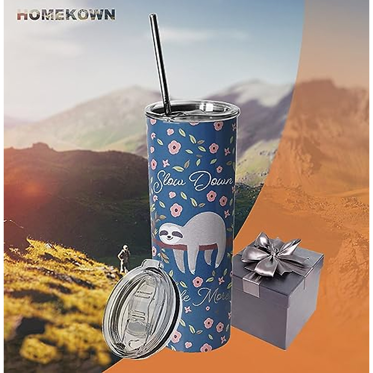 HOMEKOWN 20oz Slow the Sloth Tumbler Stainless Steel Cup Vacuum Insulated Travel Coffee Mug with Splash-Proof Lid Metal Straw