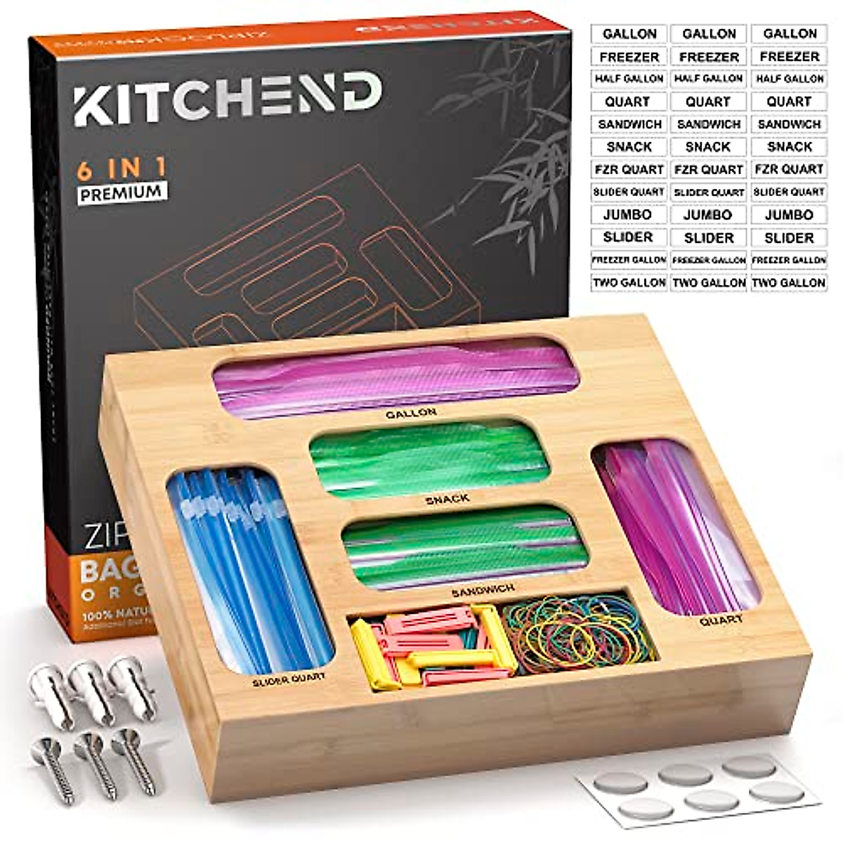KITCHEND 6 in 1 Bamboo Ziplock Bag Organizer for Drawer - Durable & Strong Storage Bag Organizer - Zip Lock Bag Organizer with Screws & Anti-Skid Pads - Storage Organizer for Quart & Sandwich Bags