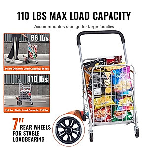 VEVOR Folding Shopping Cart, 110 lbs Static Load Capacity, Grocery Utility Cart with Rolling Swivel Wheels, Heavy Duty Foldable Laundry Basket Trolley Compact Lightweight Collapsible Luggage, Silver