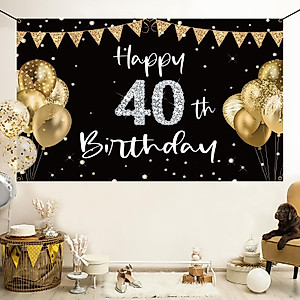Holkcog 40th Birthday Decoration Women - Black Gold 40th Birthday Banner Background 40th Birthday Party Photography Background Happy 40th Birthday Banner 40th Perfection Birthday Decoration Women Men…