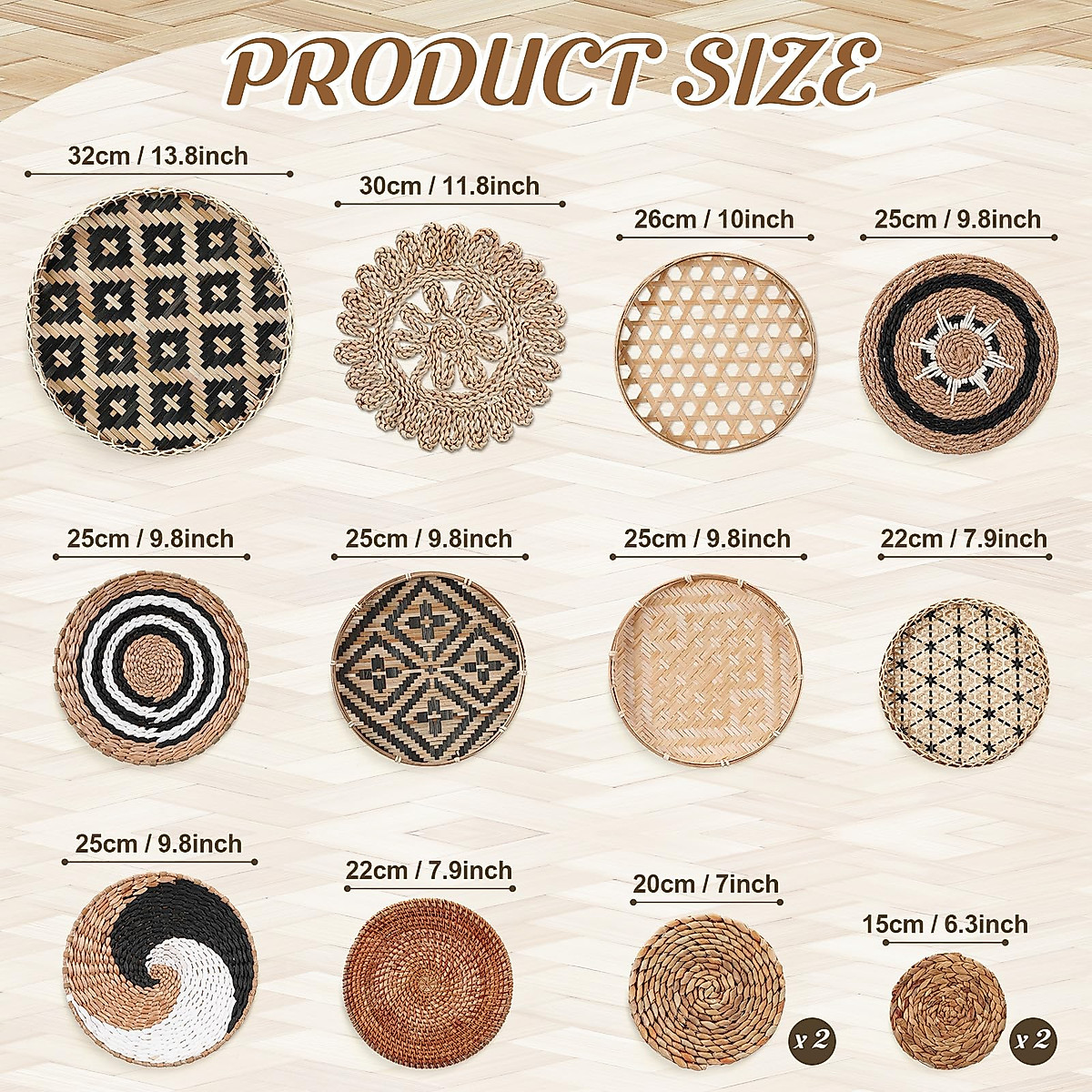 Set of 14 Boho Wall Basket Decor Round Flat Bamboo Rattan Basket Decorative Hanging Woven Basket with Macrame Tassels Handmade Wall Tapestry for Bedroom Living Room Kitchen Farmhouse Crafts