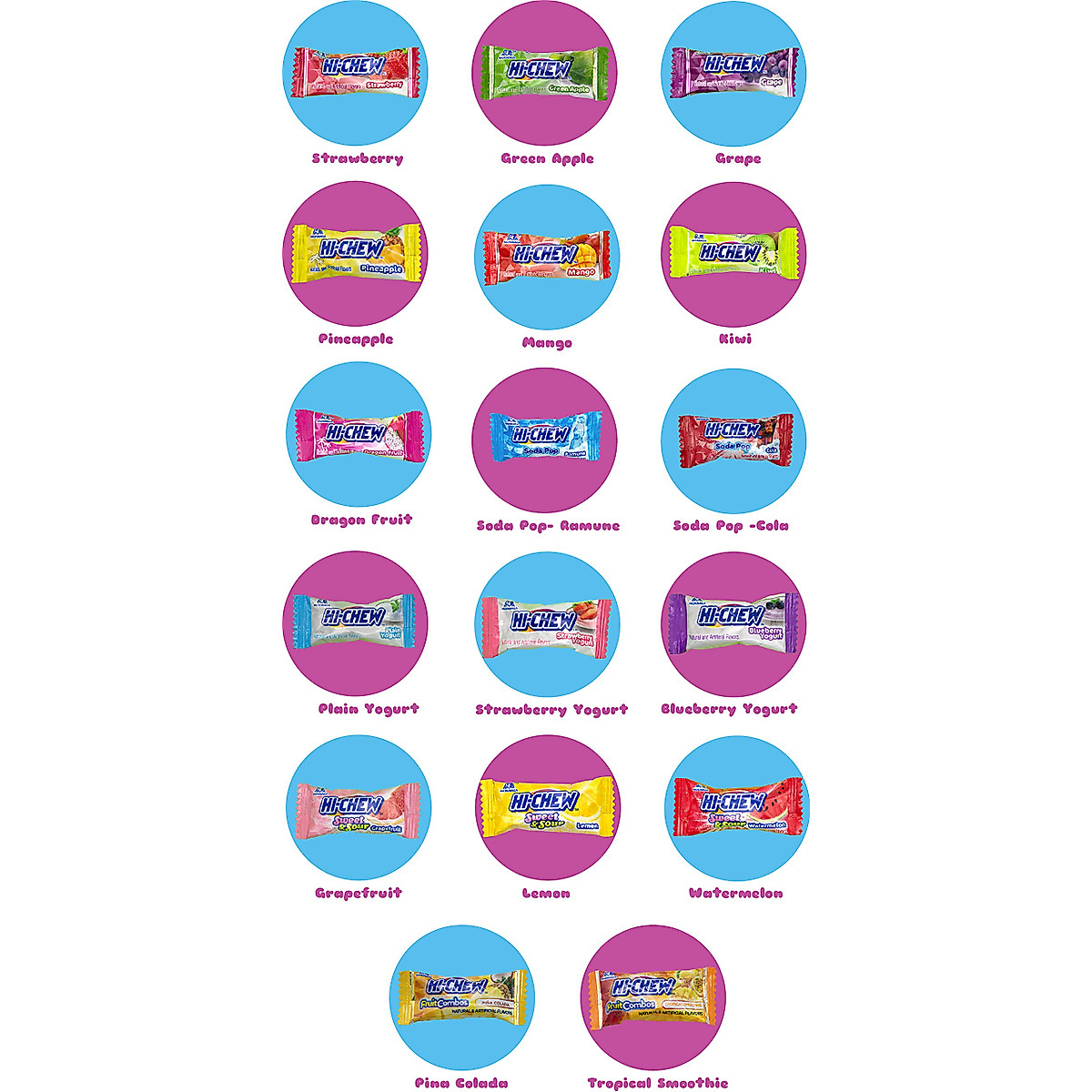 Hi Chew 17 Flavors, Bulk 330+ Pieces, 4 Pound (Strawberry, Mango, Green Apple, Grape, Pineapple, Kiwi, Dragon Fruit, Ramune, Cola, 3 Yogurt, Grapefruit, Lemon, Watermelon)