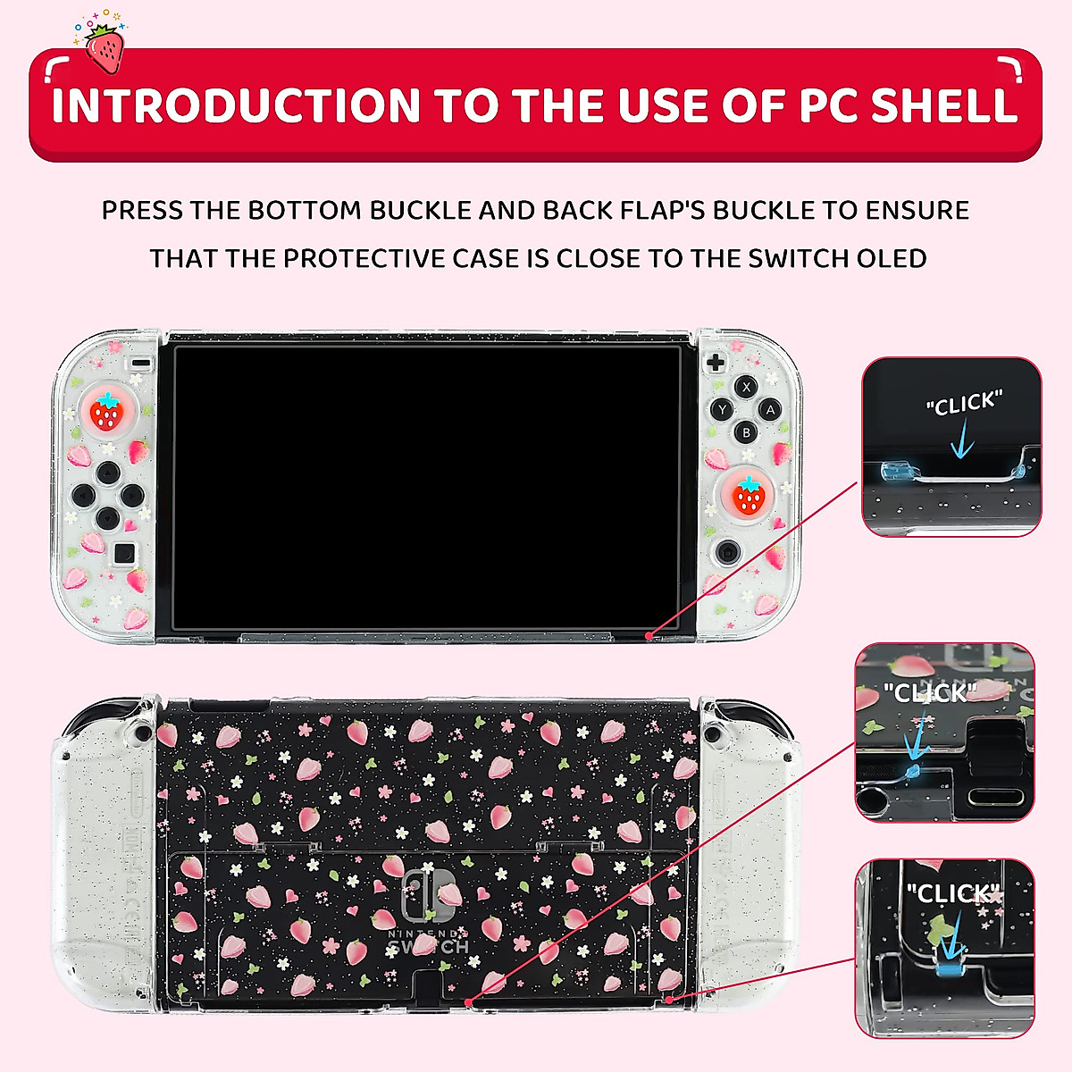 FANPL Cute Carry Case Bundle for Nintendo Switch OLED 2021, Cover Accessories Set with Pink Strawberry Travel Bag, Glitter Strawberry PC Shell, Adjustable Shoulder Strap, Thumb Grips, Screen Protector
