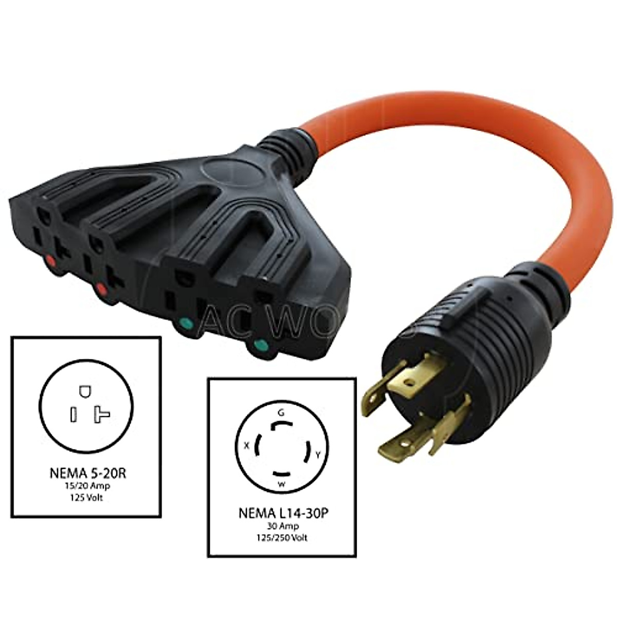 AC WORKS L14-30 30Amp 4-Prong Locking Generator Distribution Cord (1.5FT L14-30 to Four 15/20A Household)