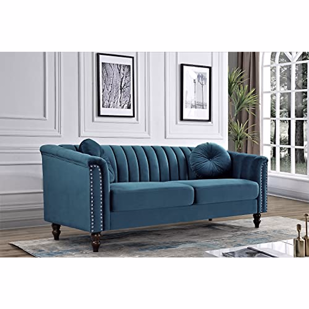Container Furniture Direct Tufted Velvet Sofa with Removable Cushions and Turned Wood Legs, Elegant Living Room Furniture for The Modern Home, 75.2 Inch Couch, Blue Green