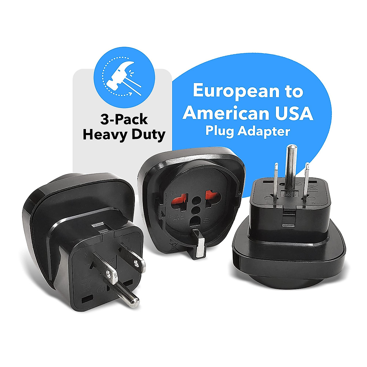 OREI Europe to US Plug Adapter, Grounded European to USA Adapter, American Outlet Plug Adapter, EU to US Adapter, Europe to USA Travel Plug Converter (3 Pack) GP-95