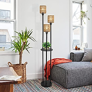 Stepeak Boho Floor Lamp, 3-Lights Rattan Floor Lamp with Shelves, Farmhouse Floor Lamp with ON/OFF Foot Switch, Rustic Standing Lamp with Rattan Shades, Tall Floor Lamps for Living Room Bedroom Office