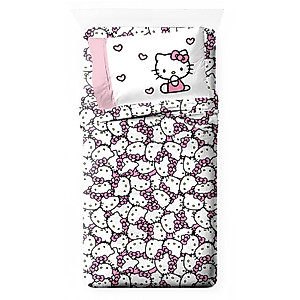 Jay Franco Hello Kitty Pink Stripes & Hearts Twin Size Sheet Set - Super Soft 3 Piece Bedding Set - Microfiber Sheets Include Reversible Pillow Cover