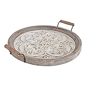 Kate and Laurel Hillrose Round Wooden Tray, 18 inch Diameter, Rustic Brown and White, Decorative Tray for Serving, Display, and Storage